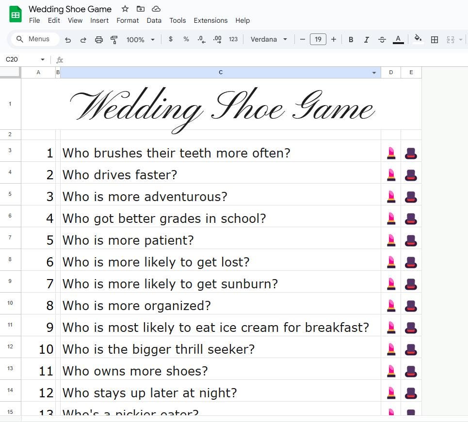 Printable "wedding Shoe Game" in Google Sheets - Fully Customizable - Etsy