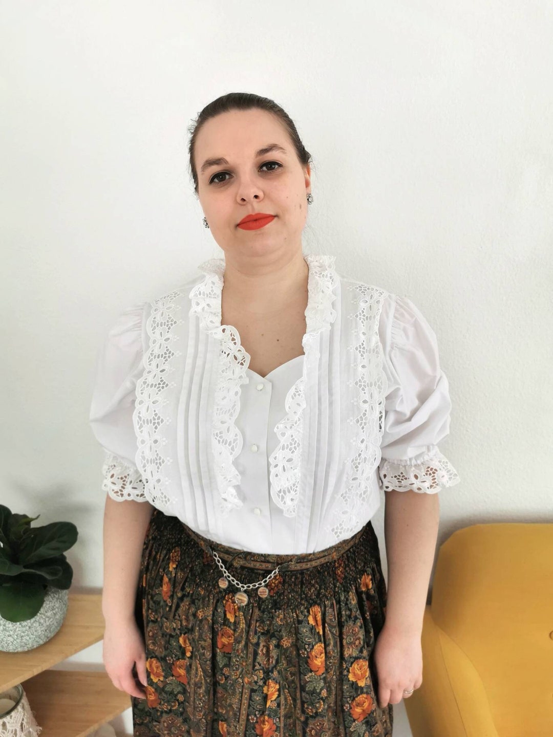 Vintage Blouse, 1990's German Folklore Cotton Blouse, , Bavarian Blouse ...