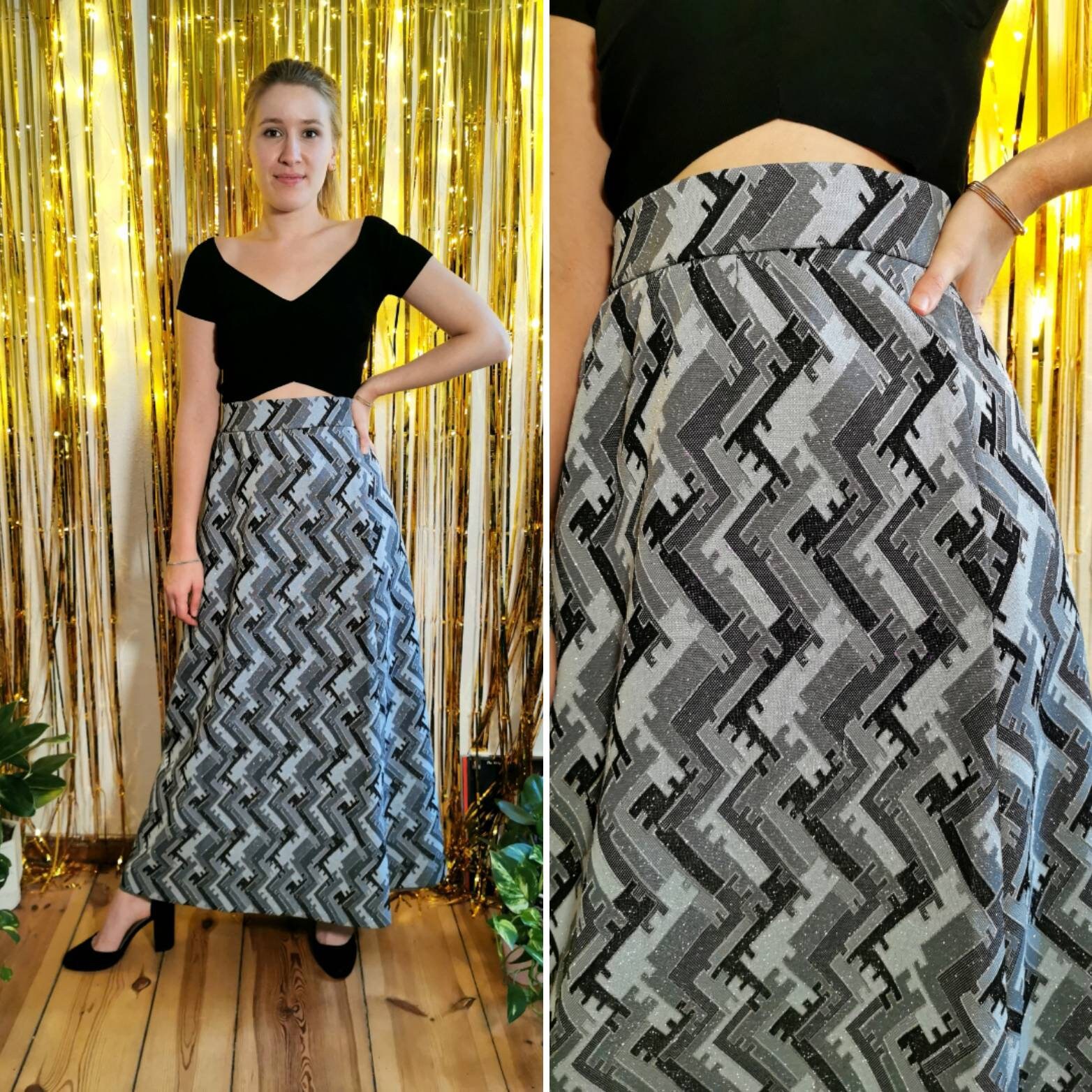 Vintage Rock, 1970er Glitzer Maxi Lurex Rock, Grau, Schwarzes ...