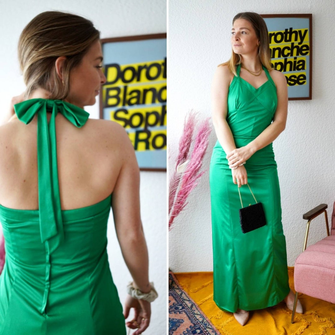 Vintage Neckholder Dress, 1970's Green Maxi Dress, Prom Party Wedding ...