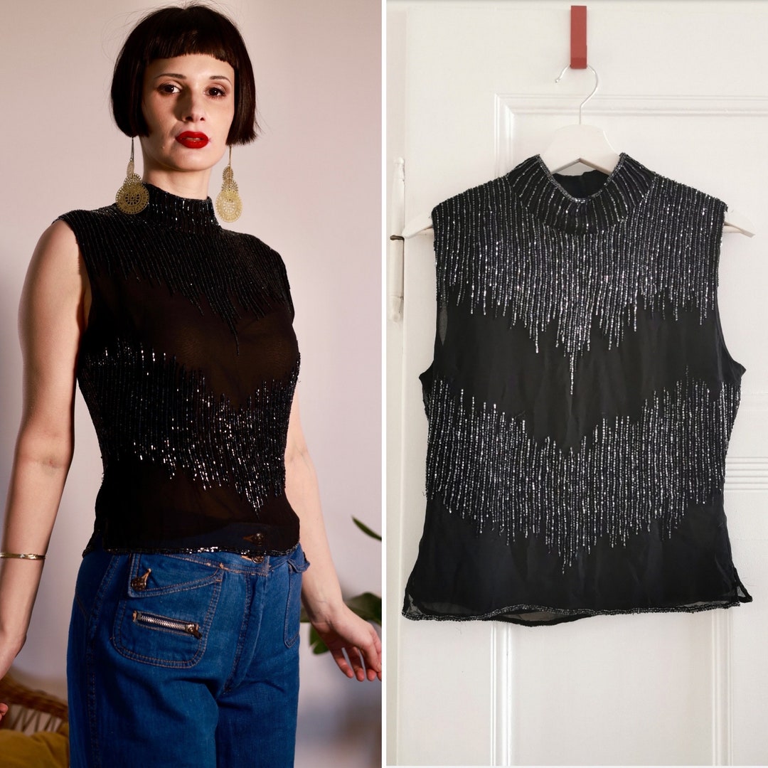 Vintage Sheer Top Beaded Black Turtle Neck 90s Y2k Top Size S - Etsy