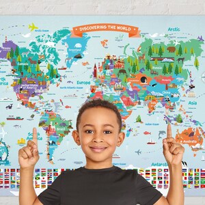 World Map Poster for Kids Large Educational World Map Illustrated Wall ...