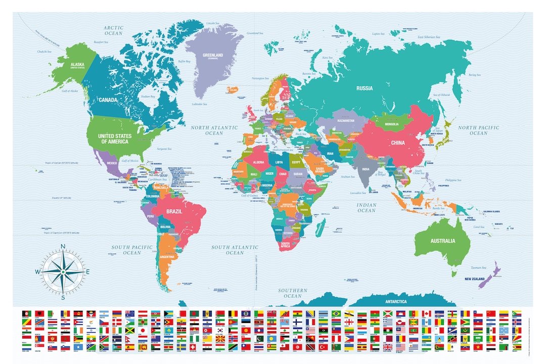 Large World Wall Map Poster with Countries, Capitals, Flags Map of The ...