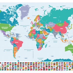 Large World Wall Map Poster With Countries, Capitals, Flags Map of the ...