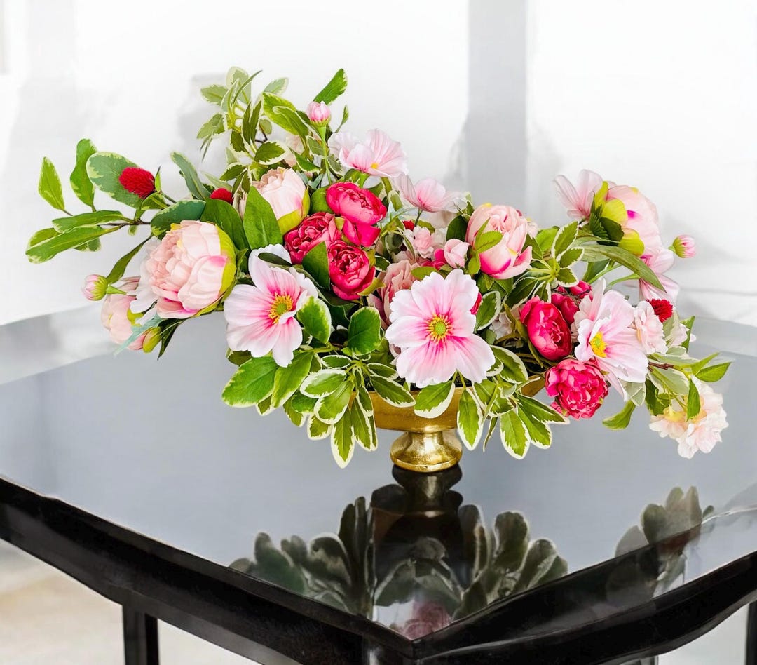Luxury Faux Floral Centerpiece in Gold Compote | Pink Peonies & Cosmos ...