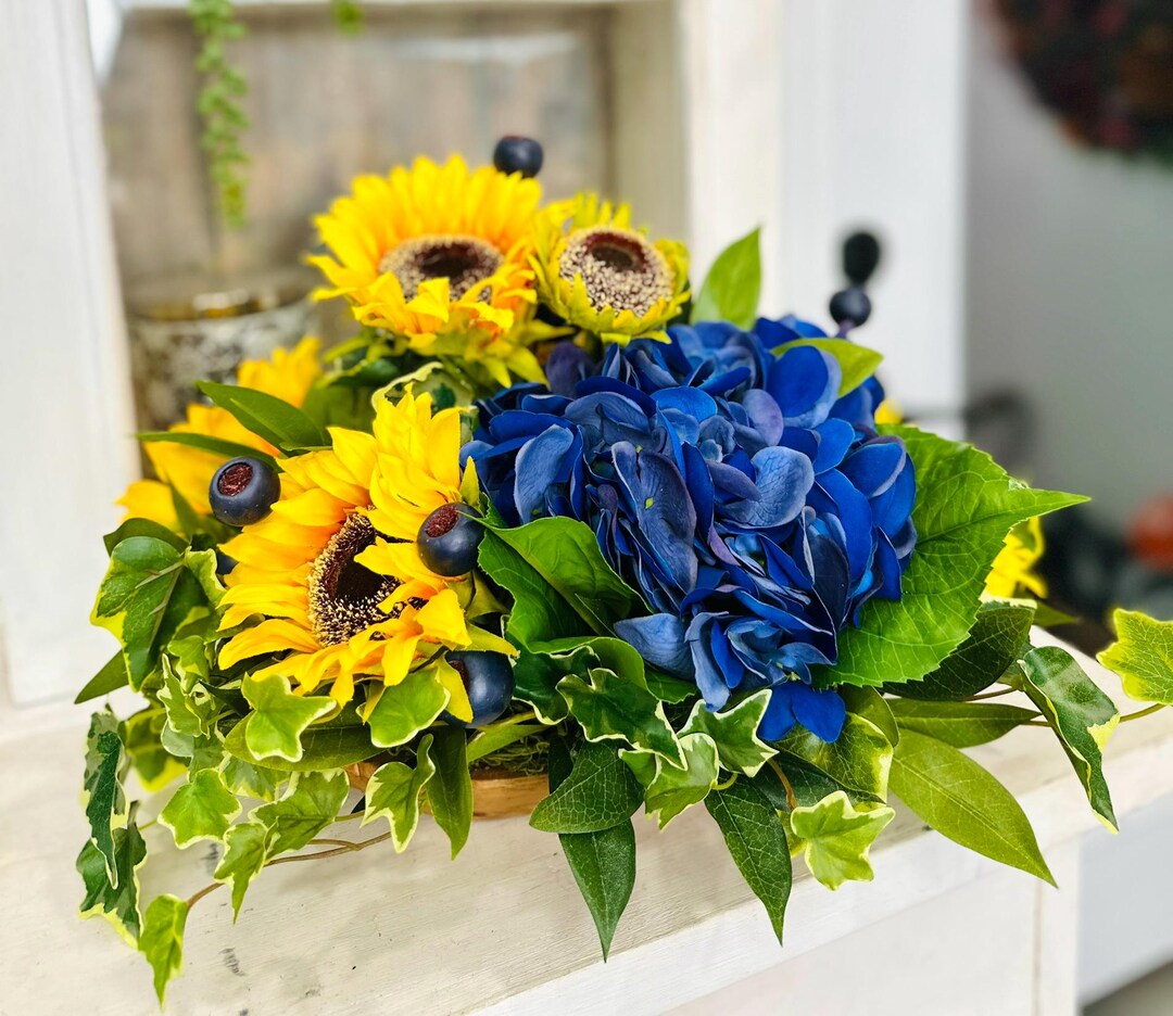 Sunflower & Blue Hydrangea Table Arrangement – Real Touch Florals for ...
