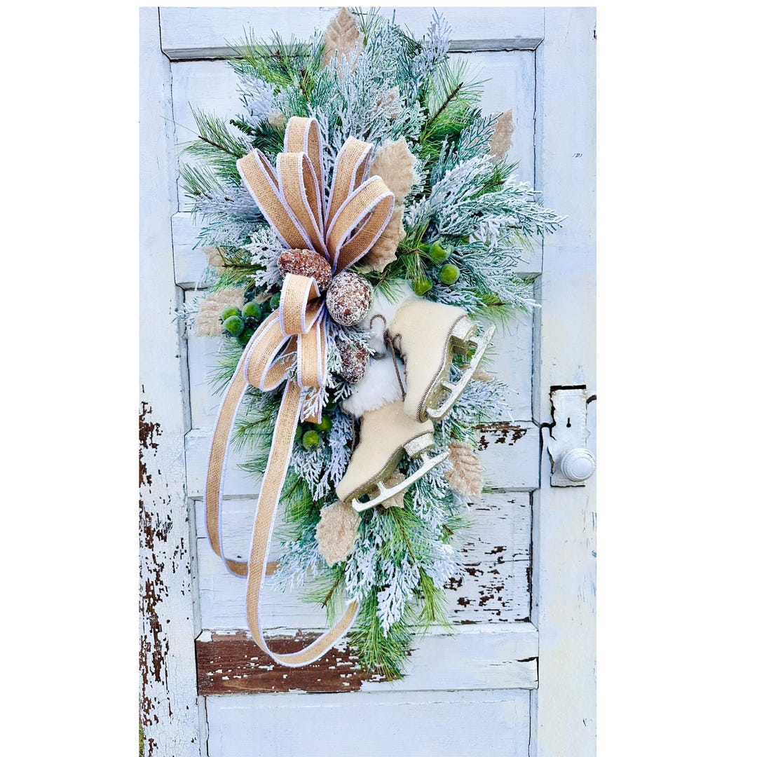 Winter Chalet Neutral Swag | Rustic Christmas Door Swag | Ice Skate ...