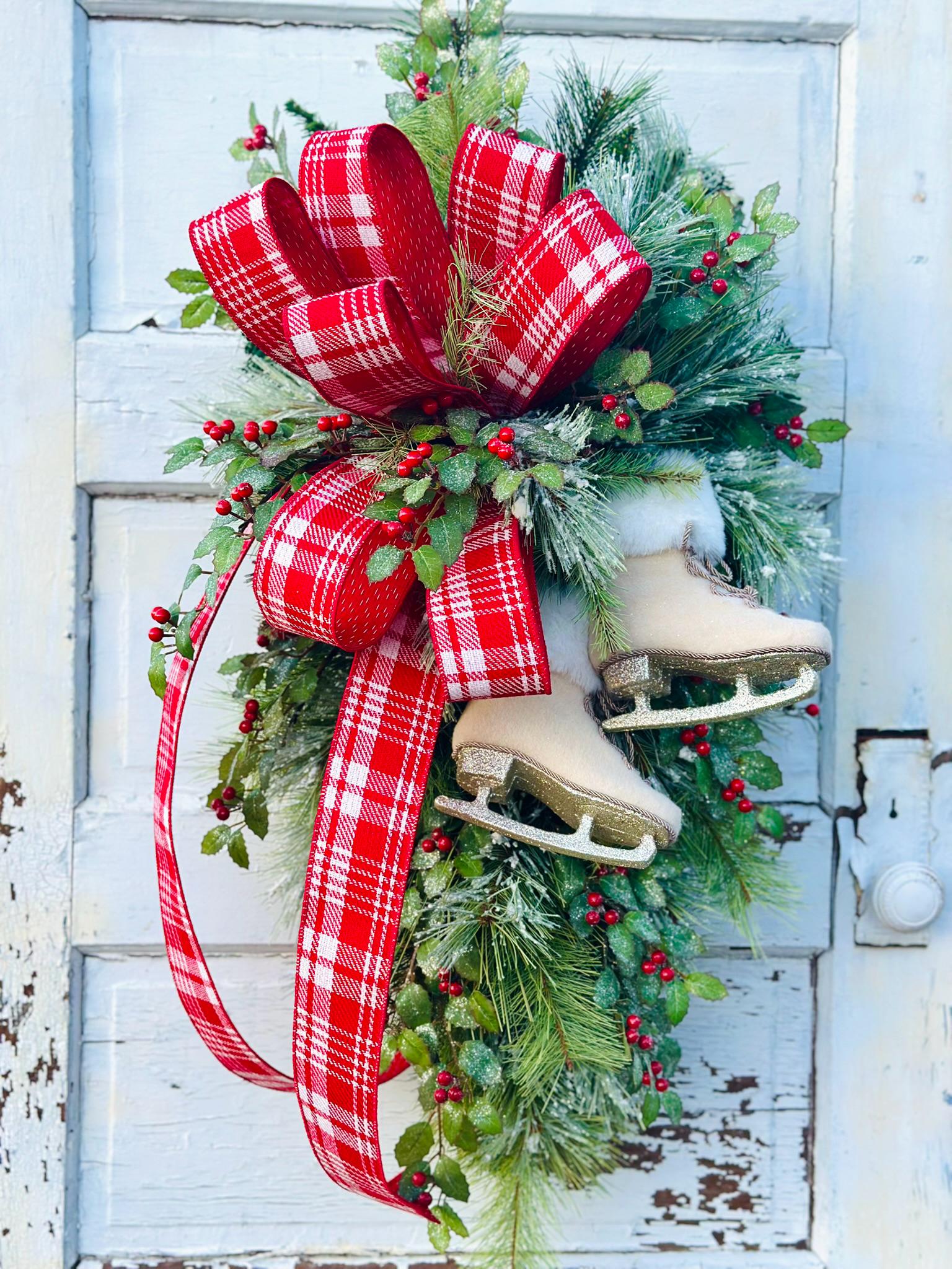 Vintage Ice Skate Christmas Door Decoration With Red Plaid Holiday Bow ...