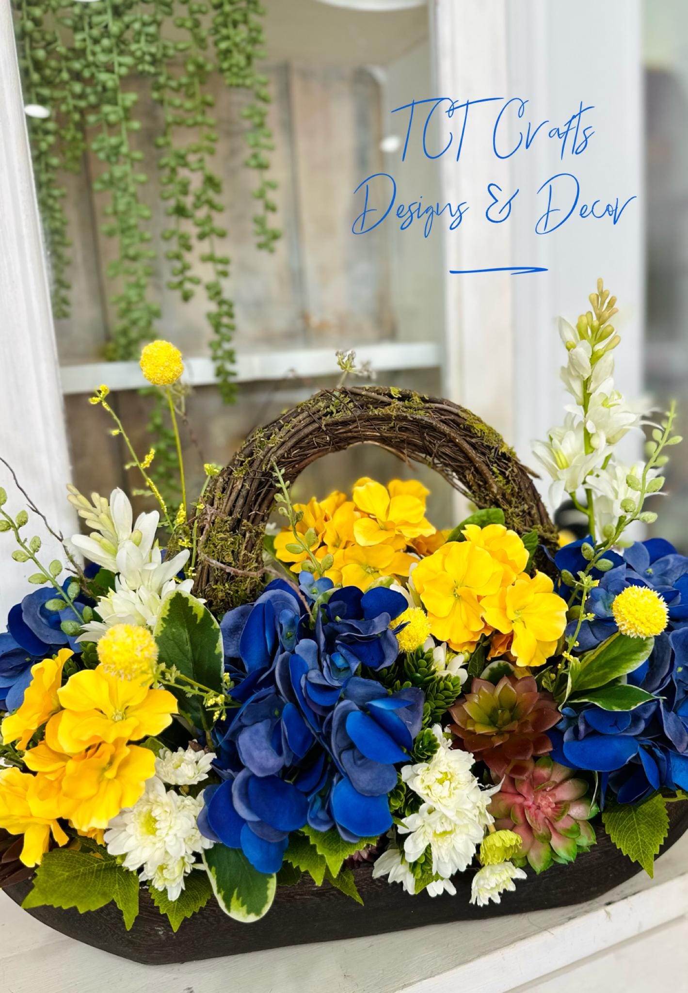 Blue Hydrangea & Yellow Primrose Floral Arrangement in Wooden Dough ...