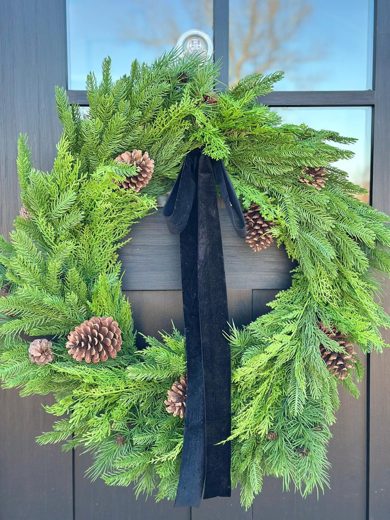 Natural Real Touch Mixed Evergreen Front Door Winter Wreath - Farmhouse ...