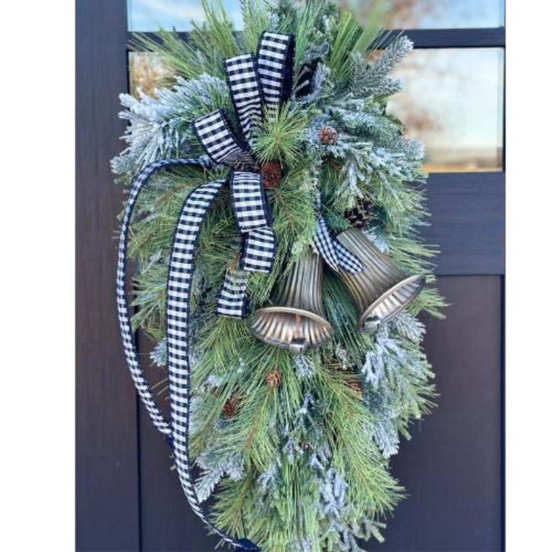 Farmhouse Buffalo Check Winter Swag With Bells | Rustic Christmas Door ...
