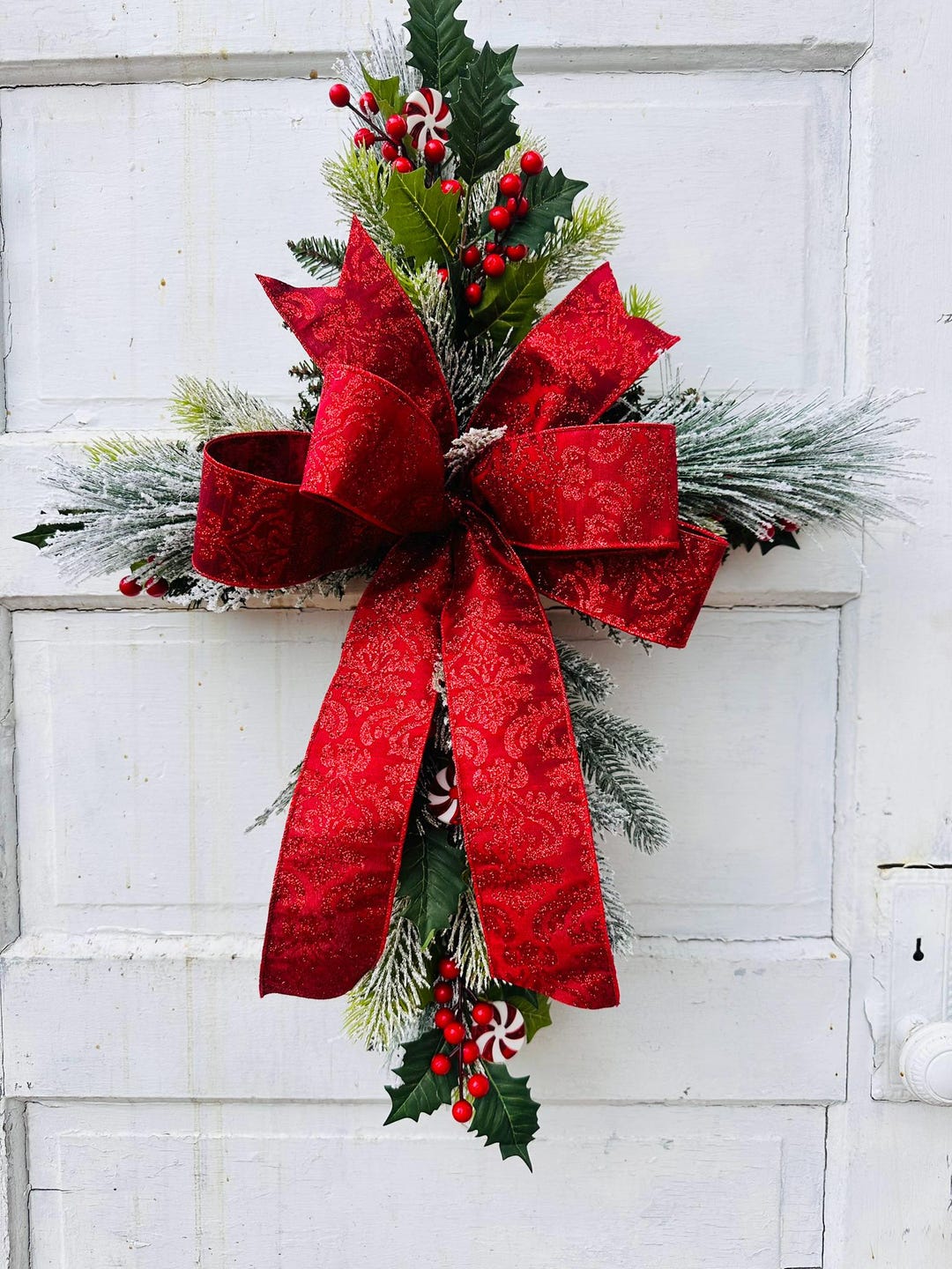 Christmas Holiday Cemetery Cross With Red Wreath Bow-memorial Gift for ...