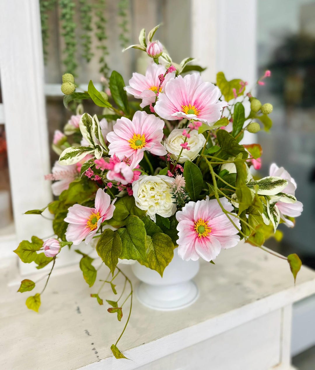 Pink Spring Silk Flower Arrangement in White Urn I Cosmos Flowers ...