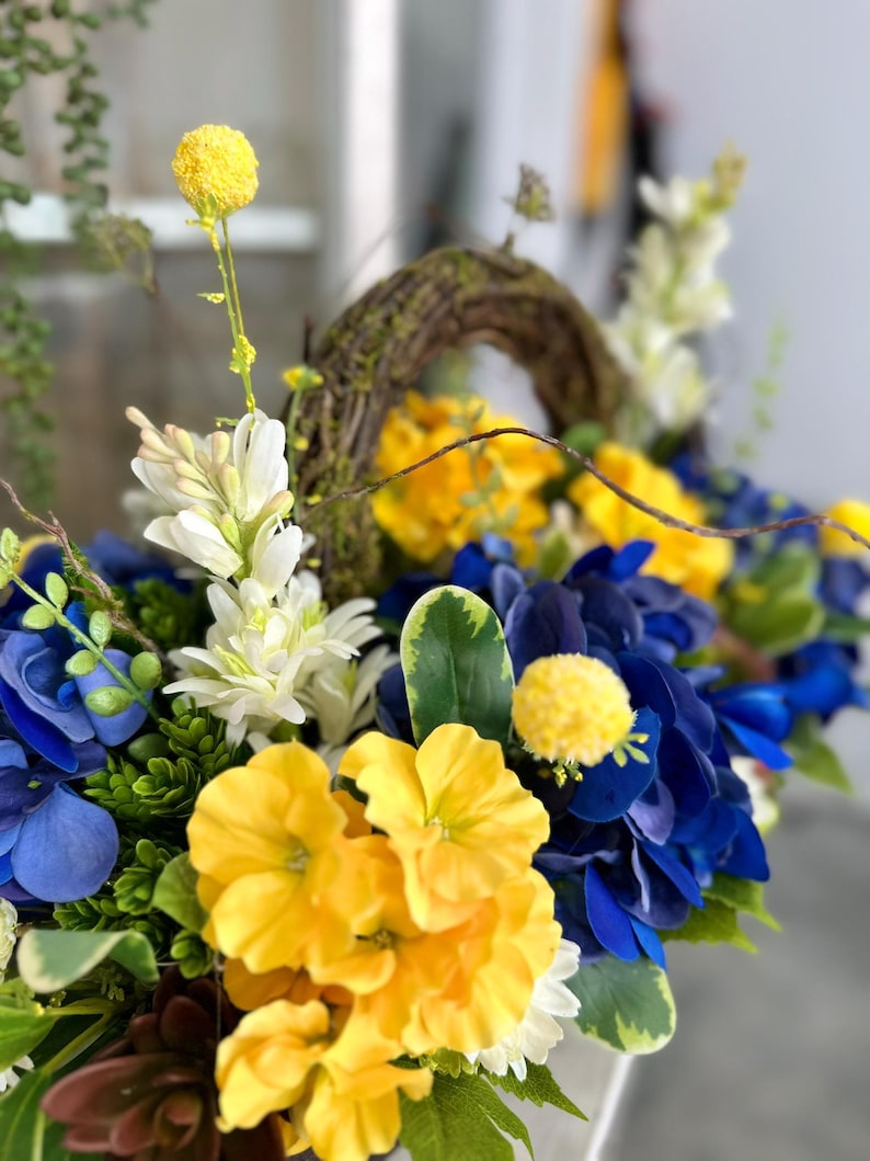 Blue Hydrangea & Yellow Primrose Floral Arrangement in Wooden Dough ...