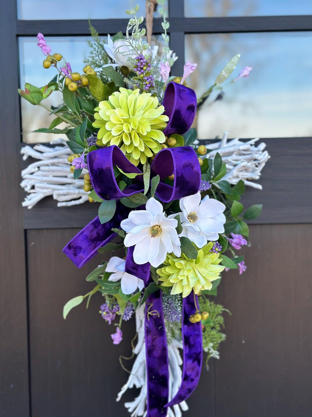 Handcrafted Spring Cross Door Hanger - Rustic White Cross With Purple ...
