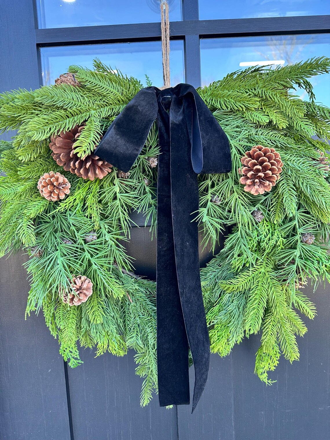 Natural Real Touch Mixed Evergreen Front Door Winter Wreath - Farmhouse ...
