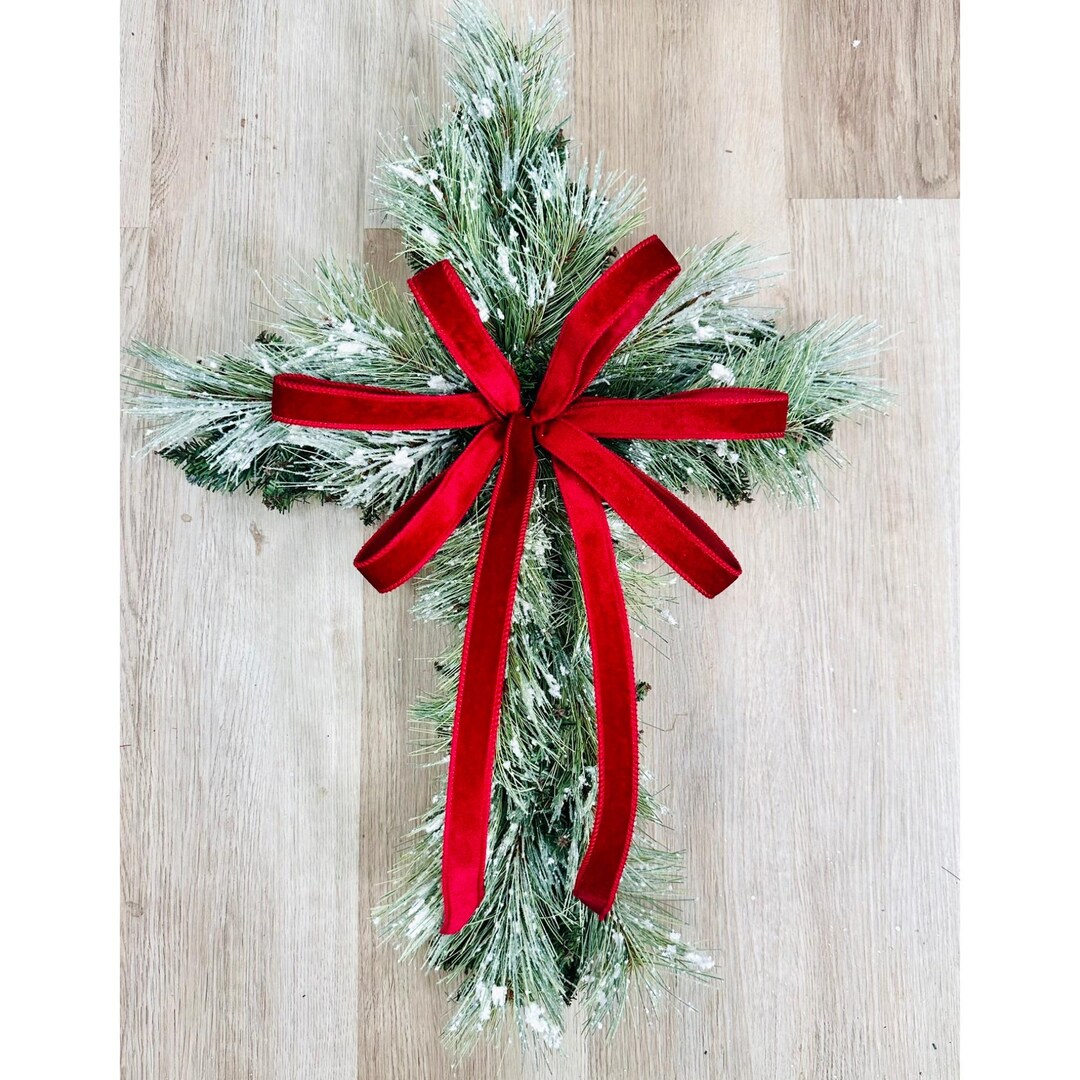 Snowy Pine Cemetery Cross | Velvet Bow Christmas Grave Decoration With ...