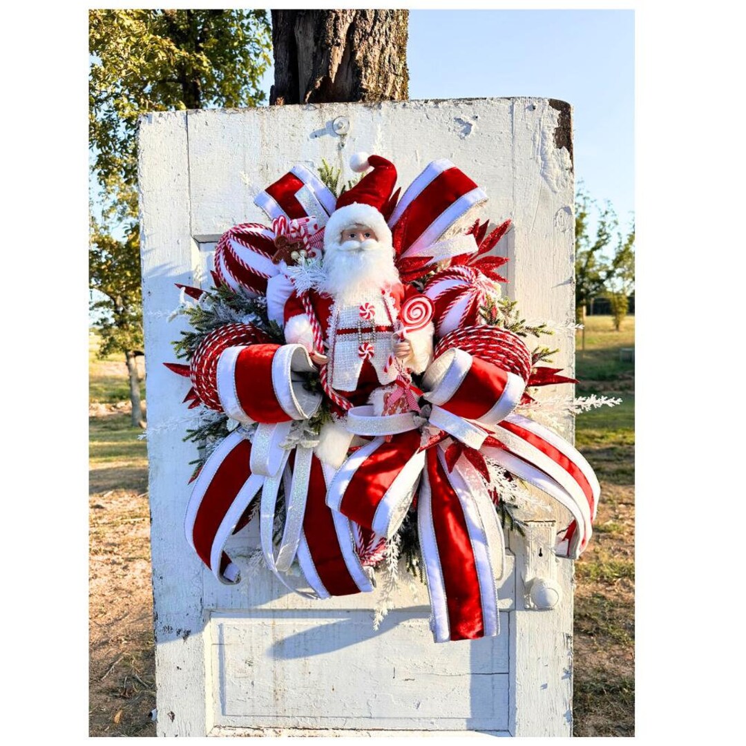 Christmas Santa Wreath 32x26 Red and White Candy Cane Holiday Door ...