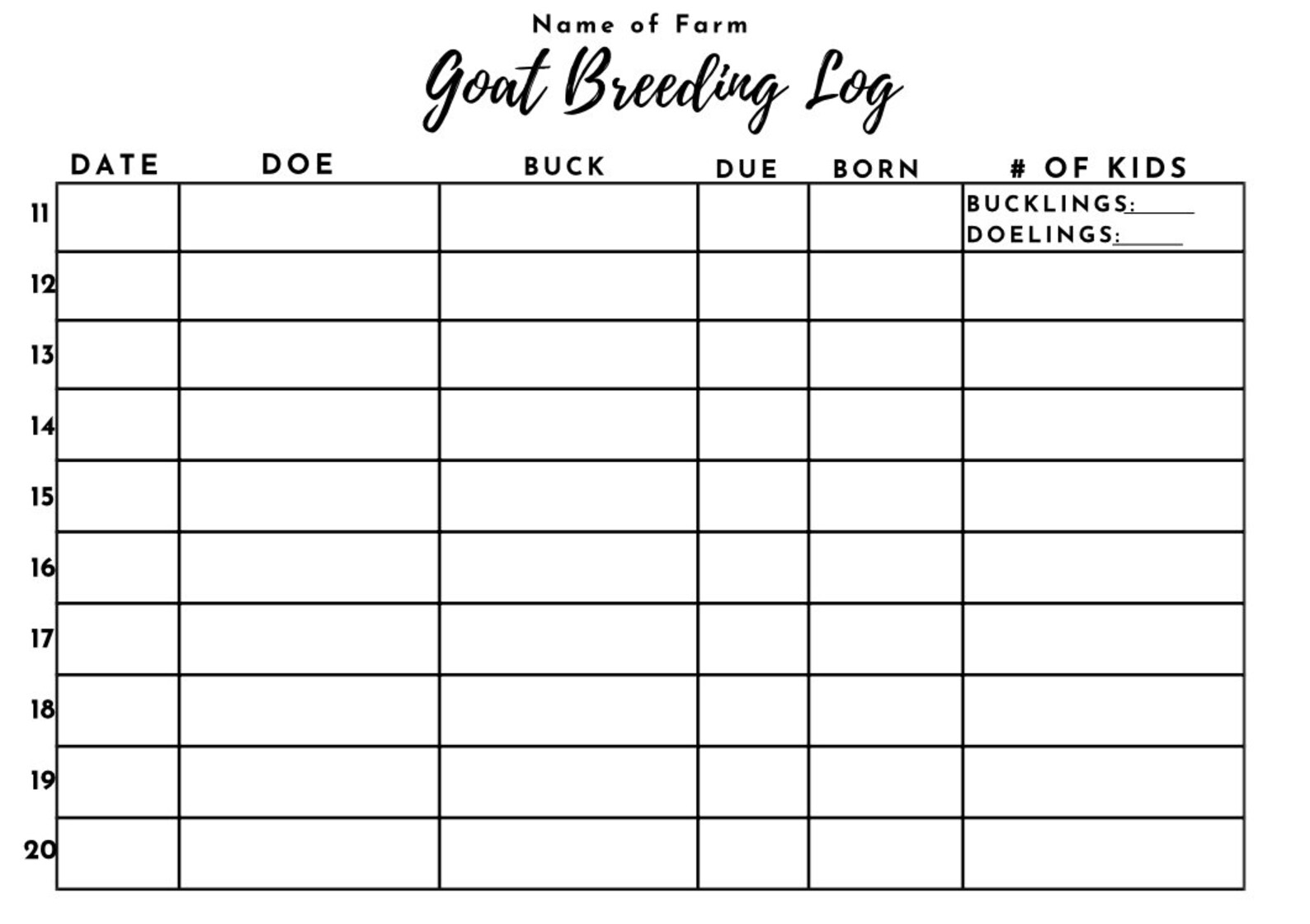 Goat Breeding Log Livestock Record Keeping - Etsy