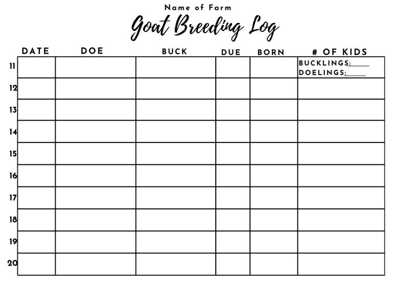 Goat Breeding Log Livestock Record Keeping - Etsy