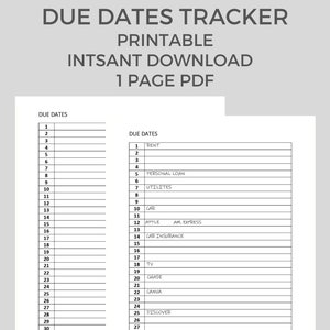 Due Dates List PDF Instant Download Printable Due Dates Tracker - Etsy