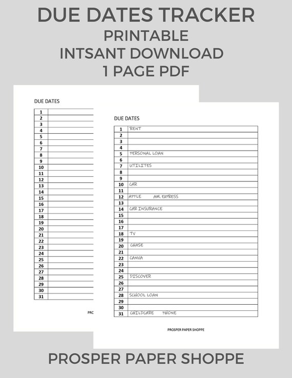 Due Dates List PDF Instant Download Printable Due Dates - Etsy