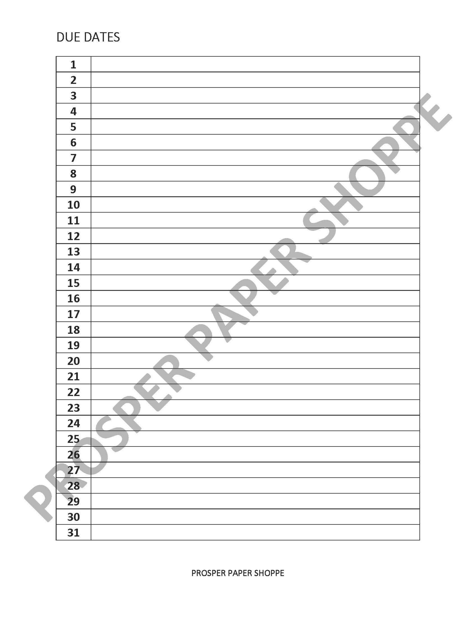 Due Dates List PDF Instant Download Printable Due Dates Tracker - Etsy