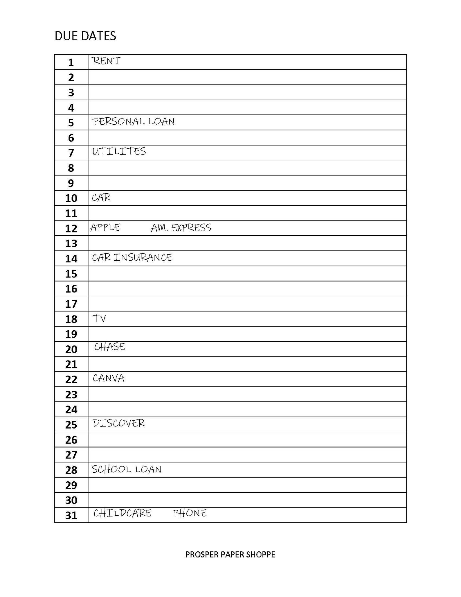 Due Dates List PDF Instant Download Printable Due Dates Tracker - Etsy