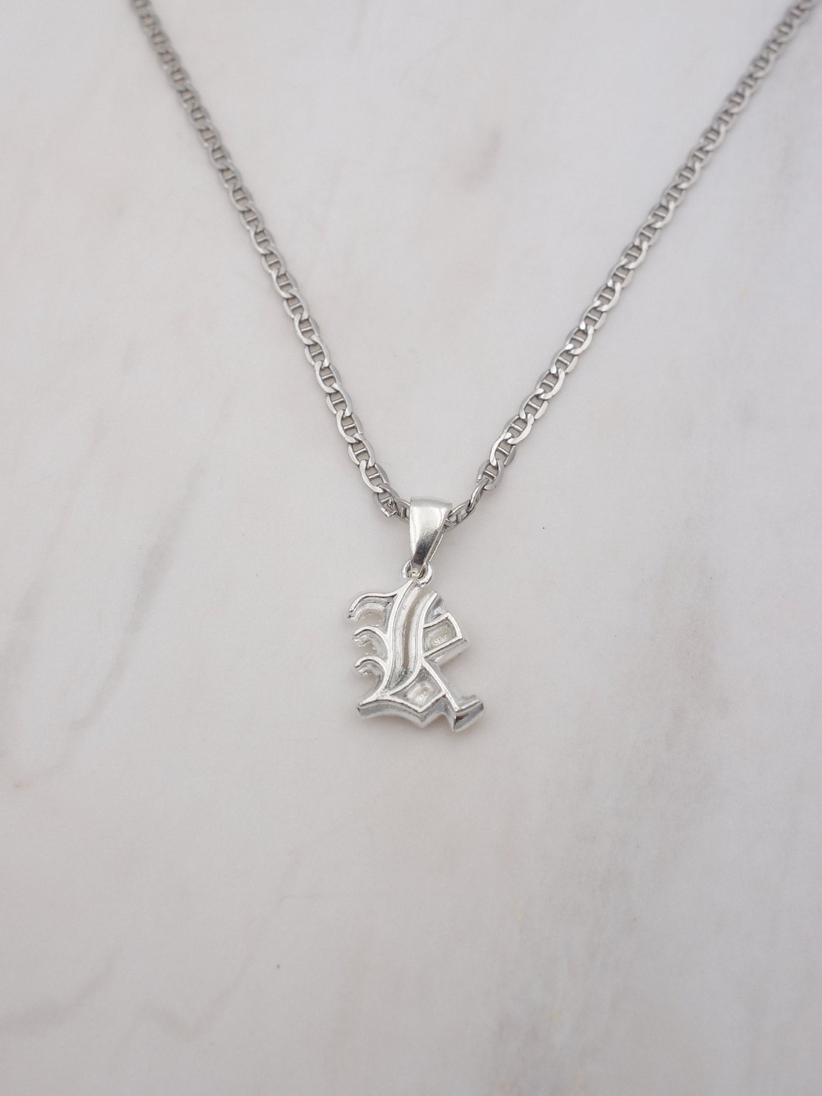 Chrome Gothic Letter Alphabet Pendant Necklace in 925 Sterling Silver Chain Chrome star gifts for men women icemore hearts cross
