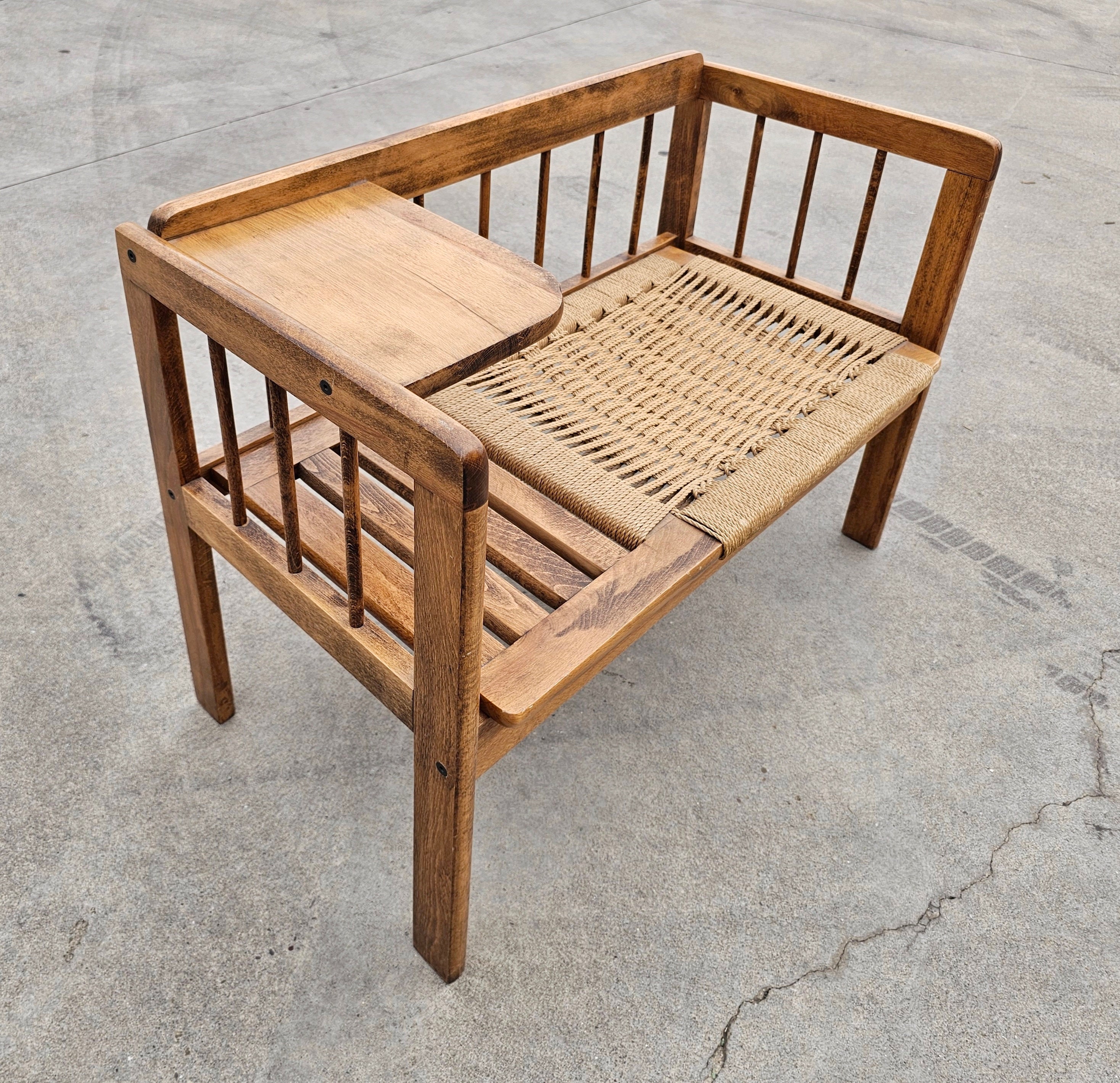 Mid Century Modern Telephone Bench With Danish Paper Cord Seat in Style ...