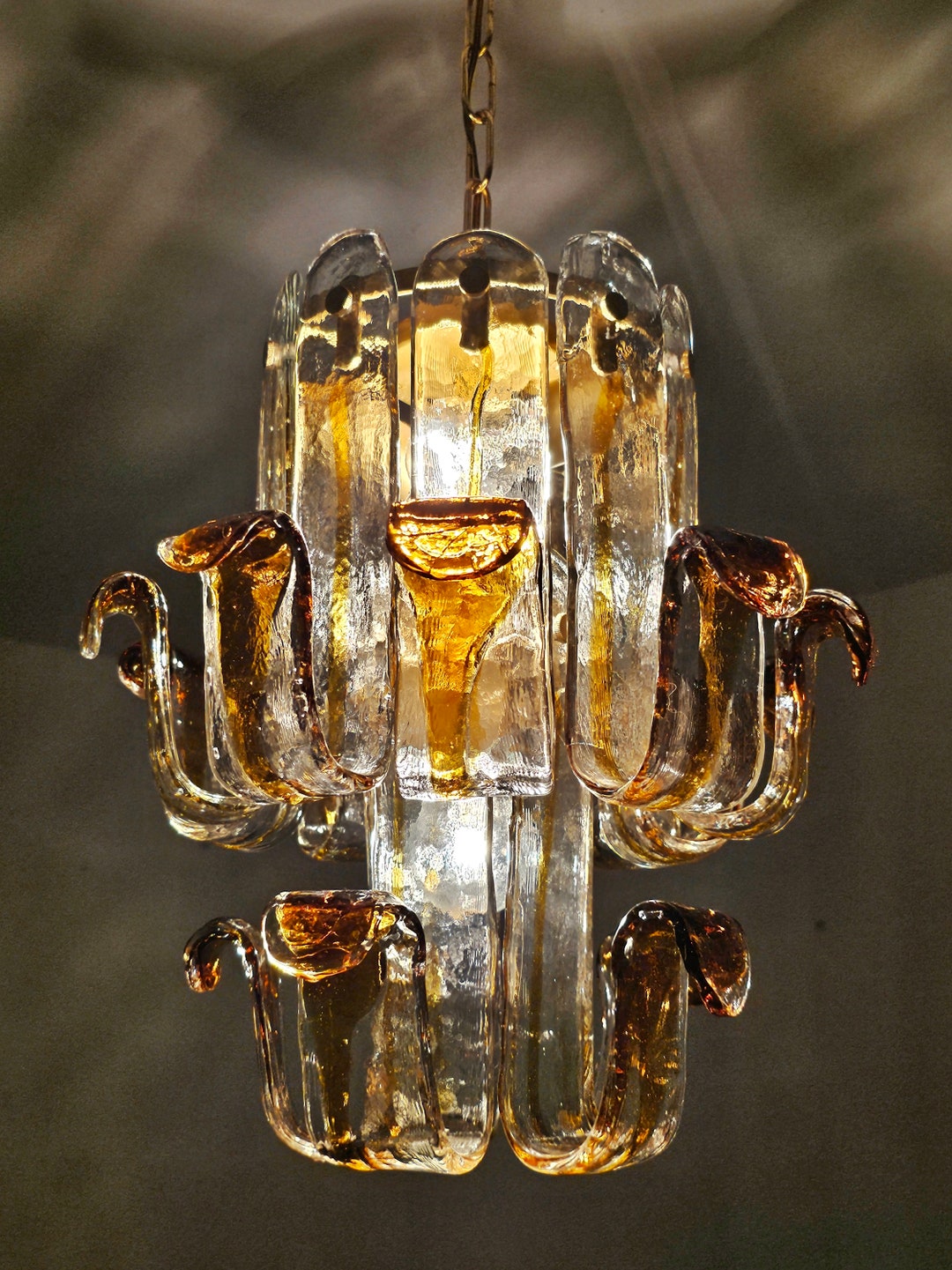 Very Rare Mid Century Modern Amber Glass Chandelier Shaped as Flower by ...
