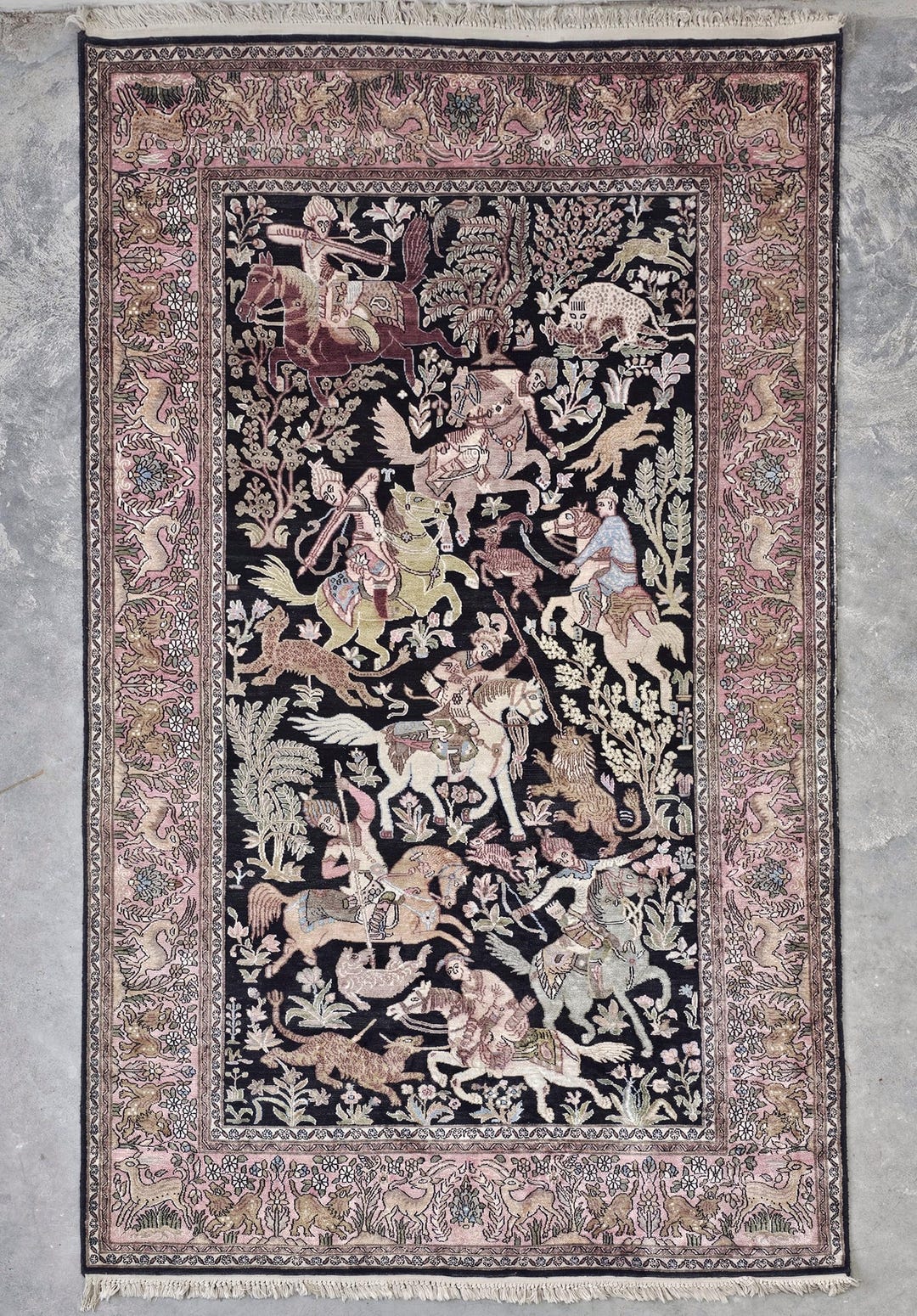 Qom Silk Rug (silk on Cotton) Depicting the Hunting Scene // Kashmir ...