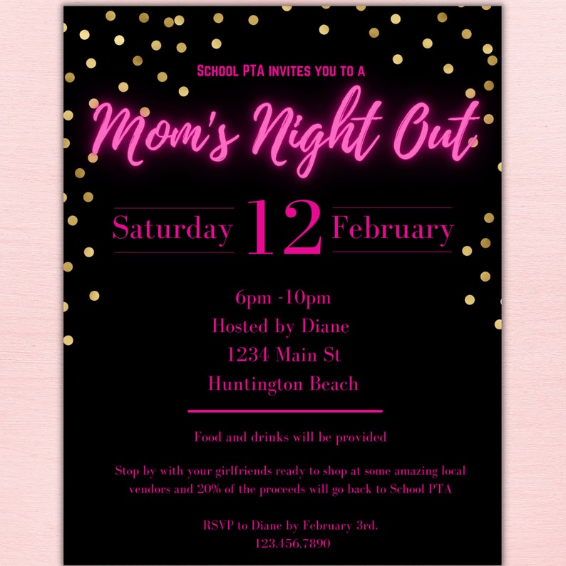 MOMS NIGHT OUT Party Invitation Fun Fancy Pink Neon and - Etsy