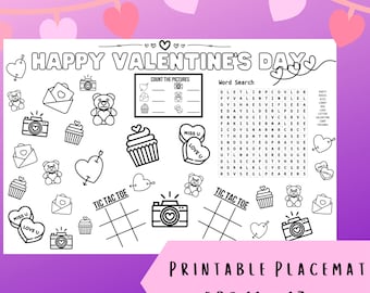 Kids Valentines Coloring Page Printable Placemat C39-PM-01 - Etsy