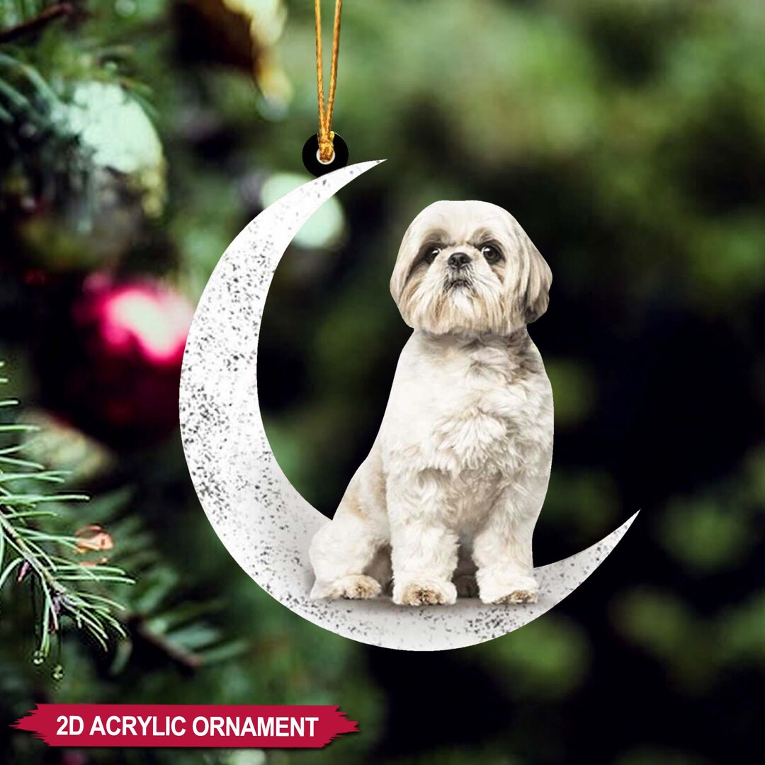 White Shih Tzu Dog Sit on the Moon Ornament, Shih Tzu Ornament for Dog ...