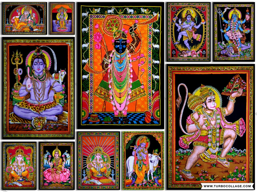 10 Pcs Lot Hindu God & Goddess Sequin Tapestry Religious Wall Hanging ...