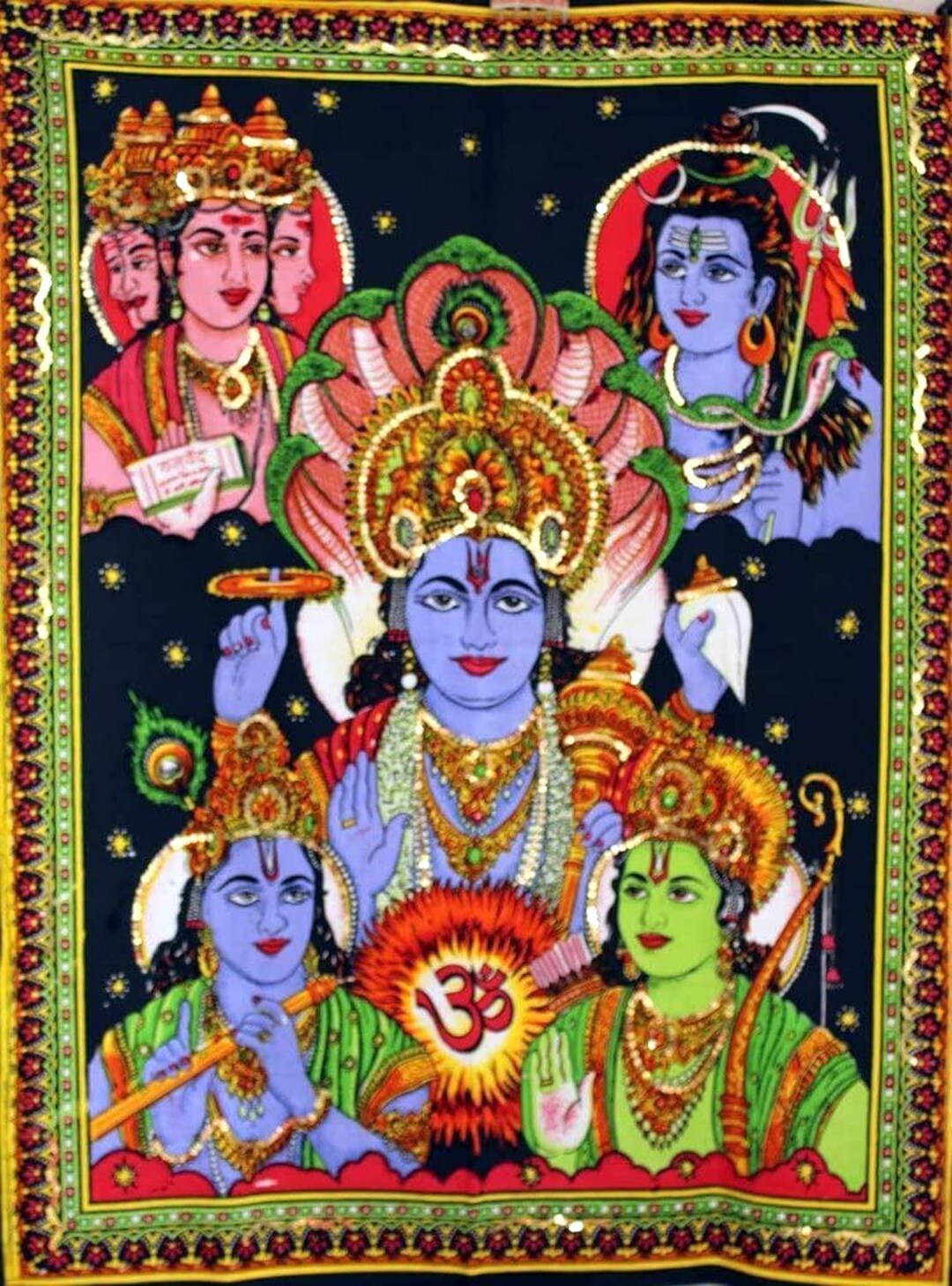 Panchdev Sequin Tapestry God Poster Religious Wall Hanging Home ...