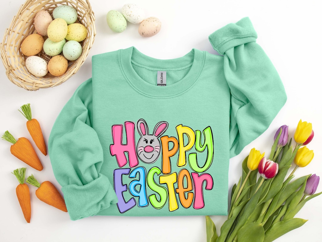 Hoppy Easter Sweatshirt, Cute Hoppy Bunny Ear Easter Sweatshirt, Easter ...