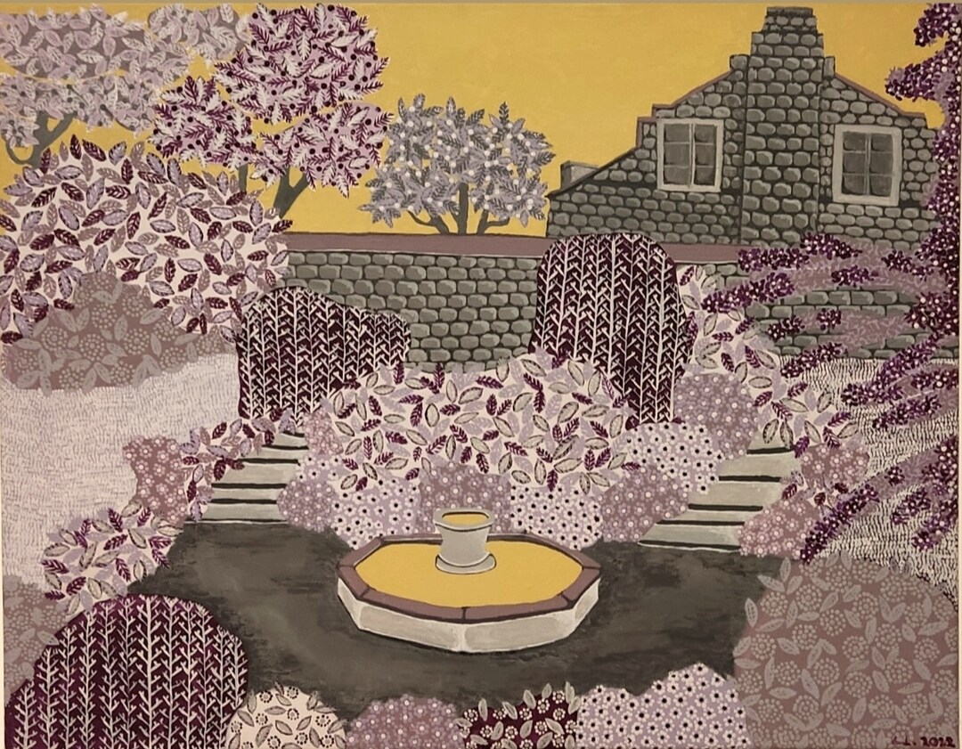Naive Art Fountain Painting: Pointillism Acrylic on Canvas - Etsy
