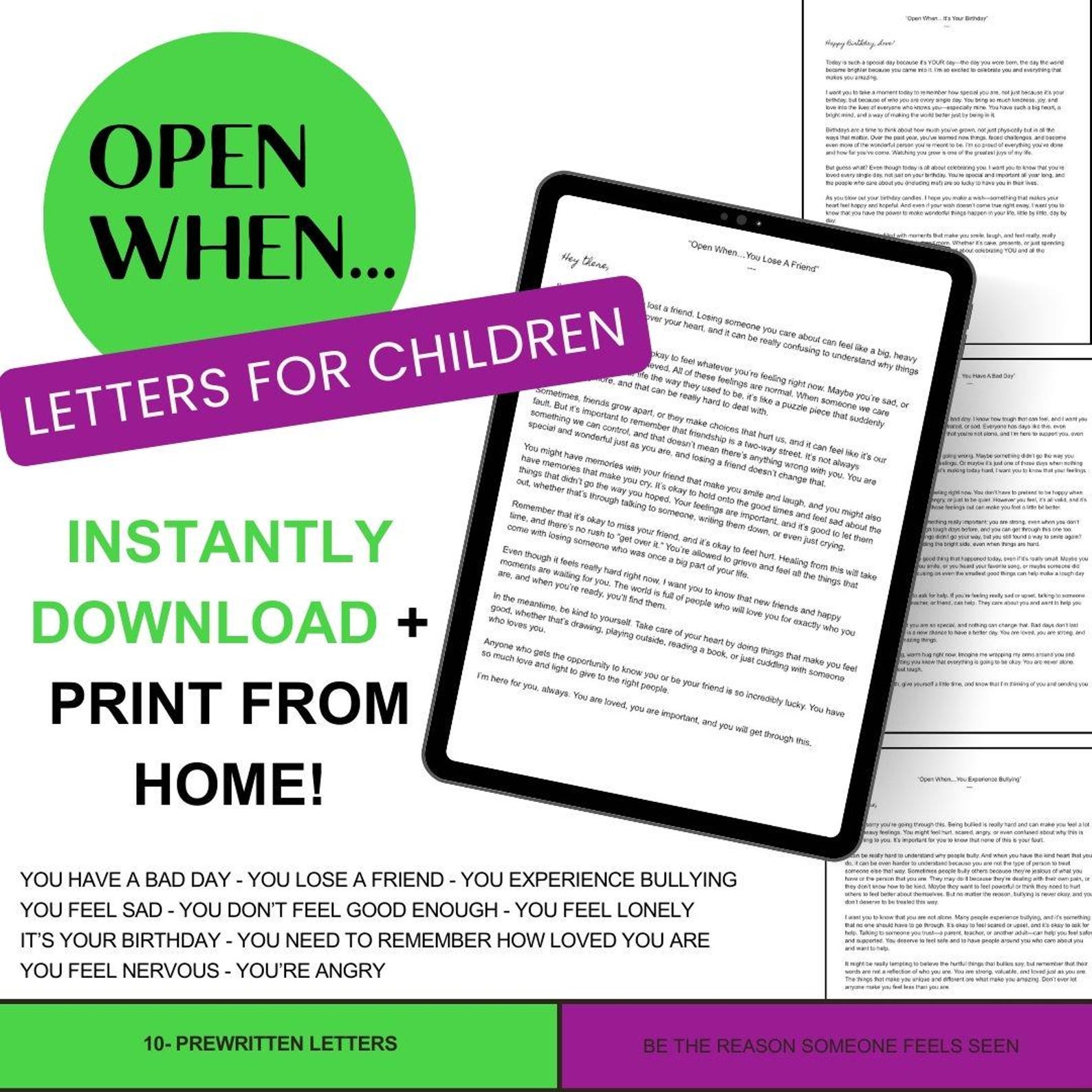 Printable Open When Letters for Kids | Prewritten Encouraging Letters ...