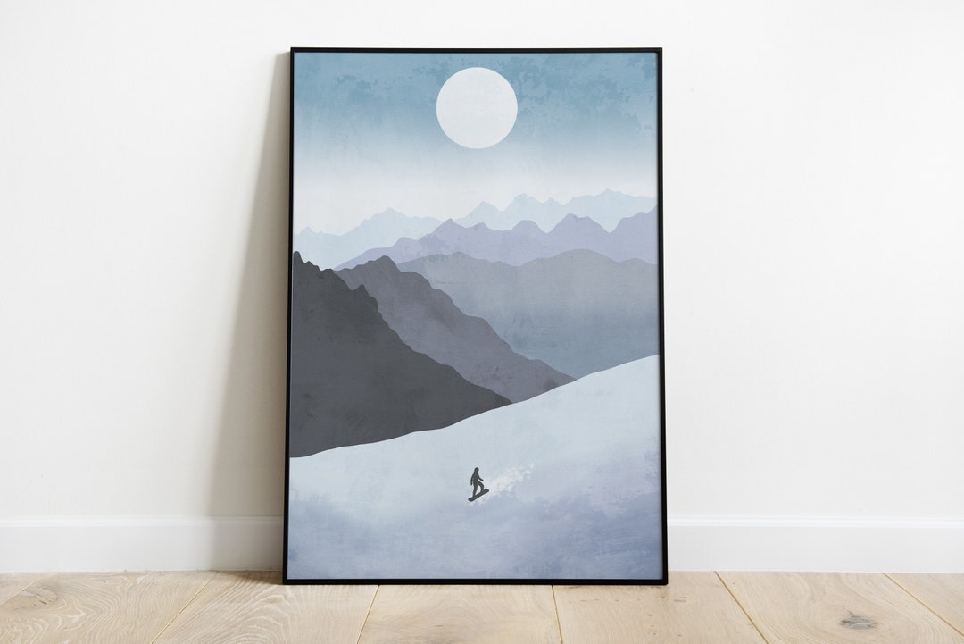 Snowboarding Art Print | Snowy Mountain Landscape Poster - Etsy