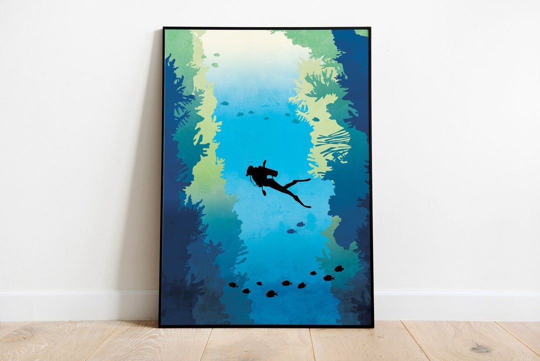 Scuba Diving Poster. Scuba Diving Print. Coral Reef Sea Fish Diver Deep ...