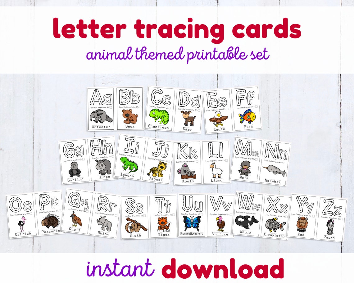 Alphabet Tracing Flashcards, Animal Theme, Printable, Preschool ...