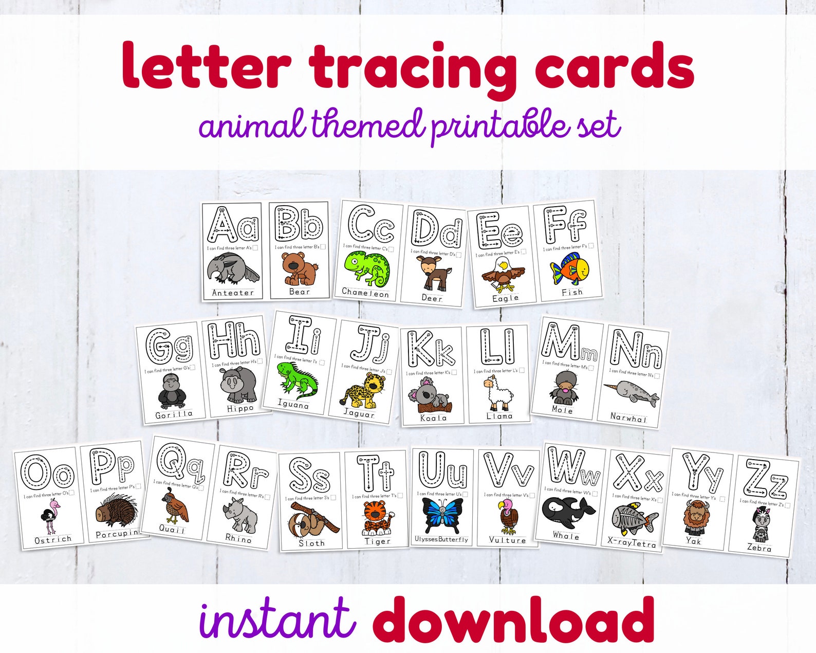 Alphabet Tracing Flashcards, Animal Theme, Printable, Preschool ...