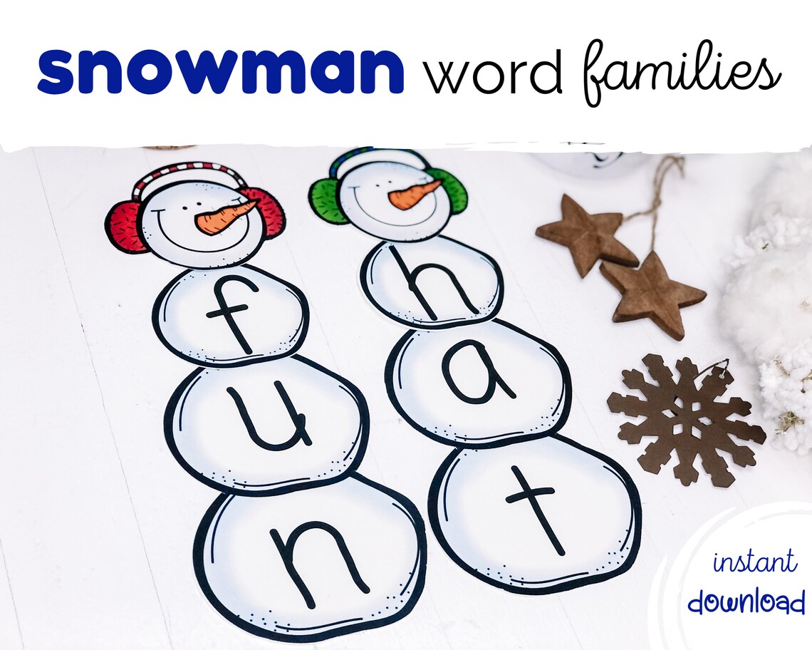 Snowman Activity, Winter Printable Activity, CVC Word Families, Winter ...