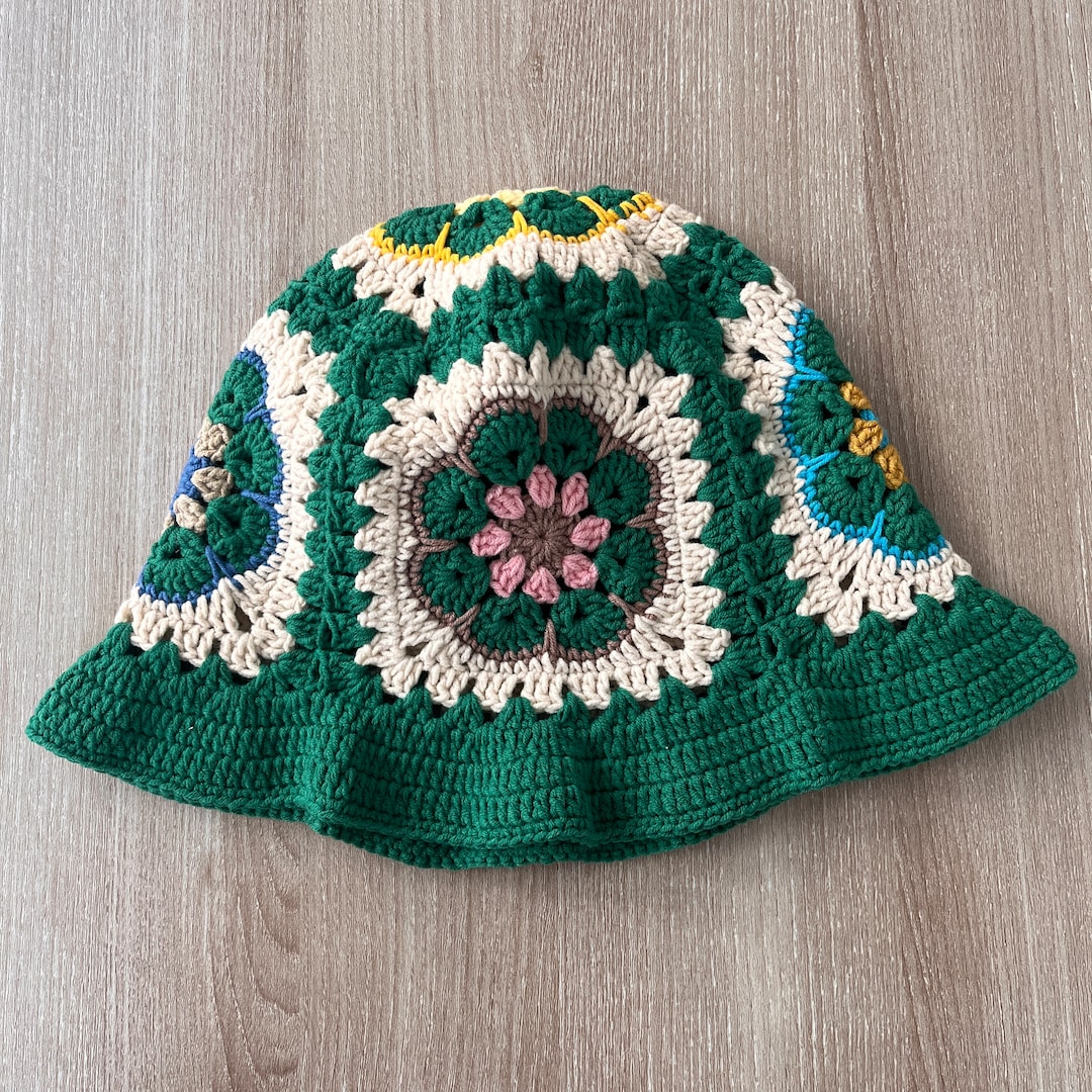 Green Crochet Bucket Hat, Green Flower Hat, Granny Square Bucket Hat ...