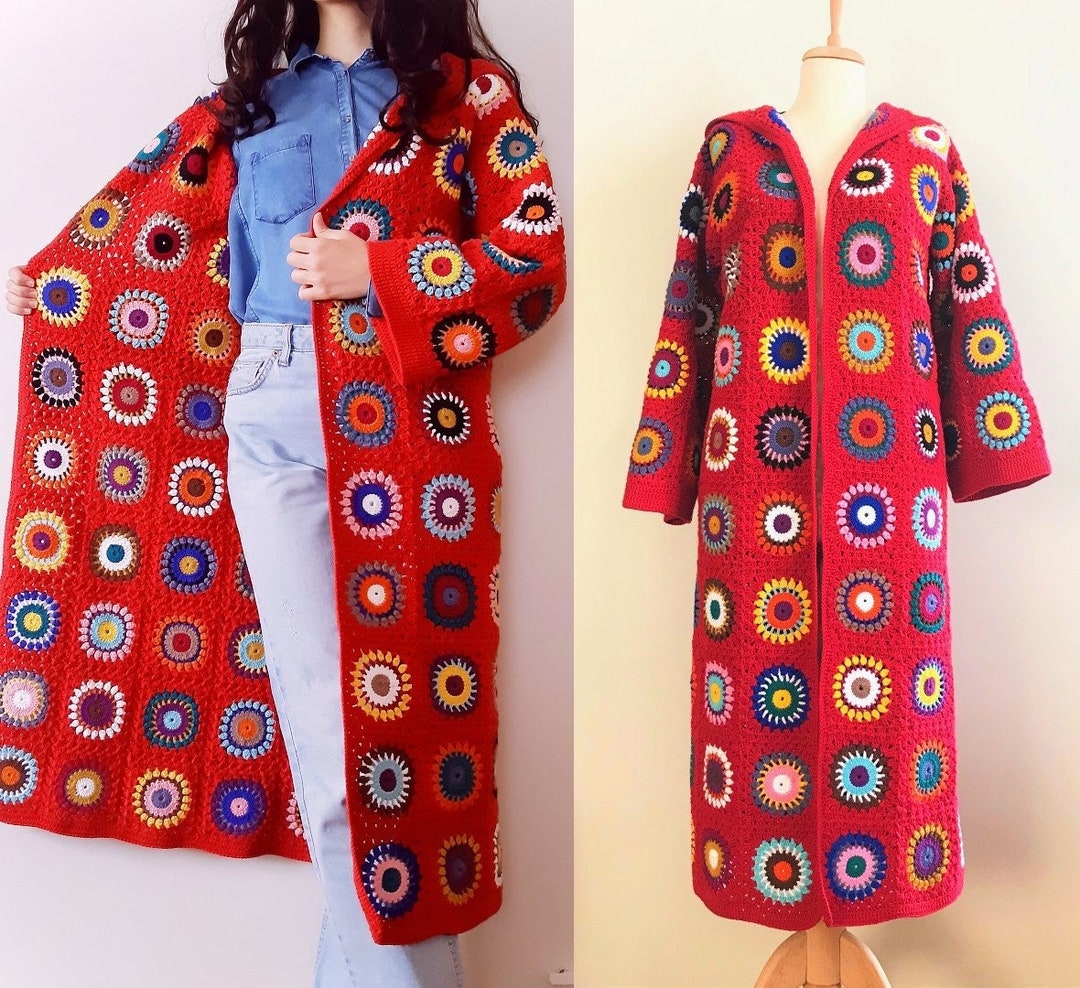 Red Long Crochet Coat With Hoodie, Red Granny Square Afghan Cardigan ...