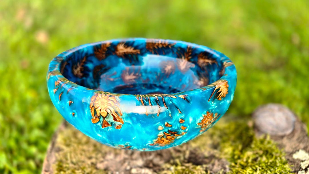 Handcrafted Blue Epoxy Resin Bowl With Pine Cones, (8.7 Inch X 3.2 Inch ...