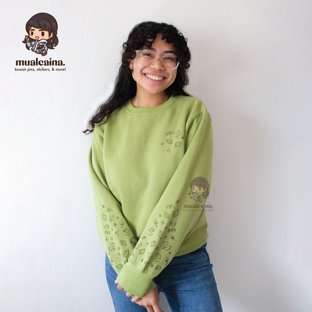 Green Matcha Embroidered Crewneck - Everyday Cute Green Tea Nature Leaf ...