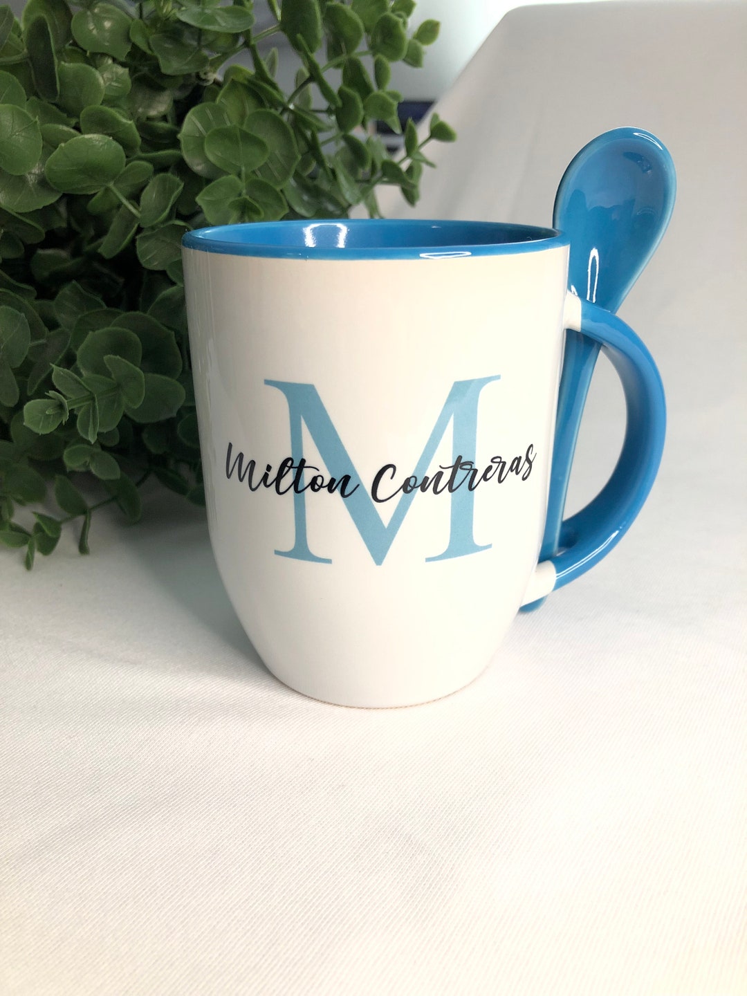 Watercolor Letter and Name on Mug Set, Spoon in Handle. Custom ...